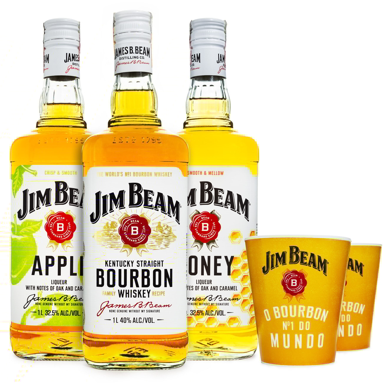 Combo Jim Beam Bourbon Whiskey 1L + JB Apple 1L + JB Honey 1L + Copos ...